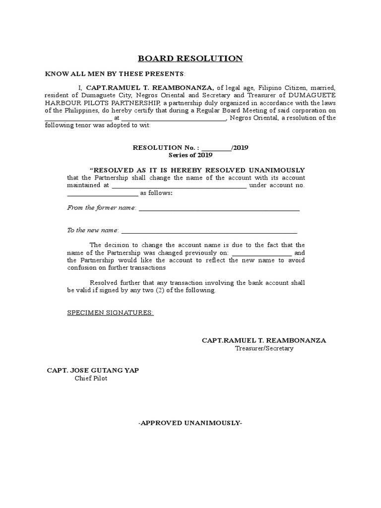 Board Resolution for Account Name Change | PDF | Government Information ...