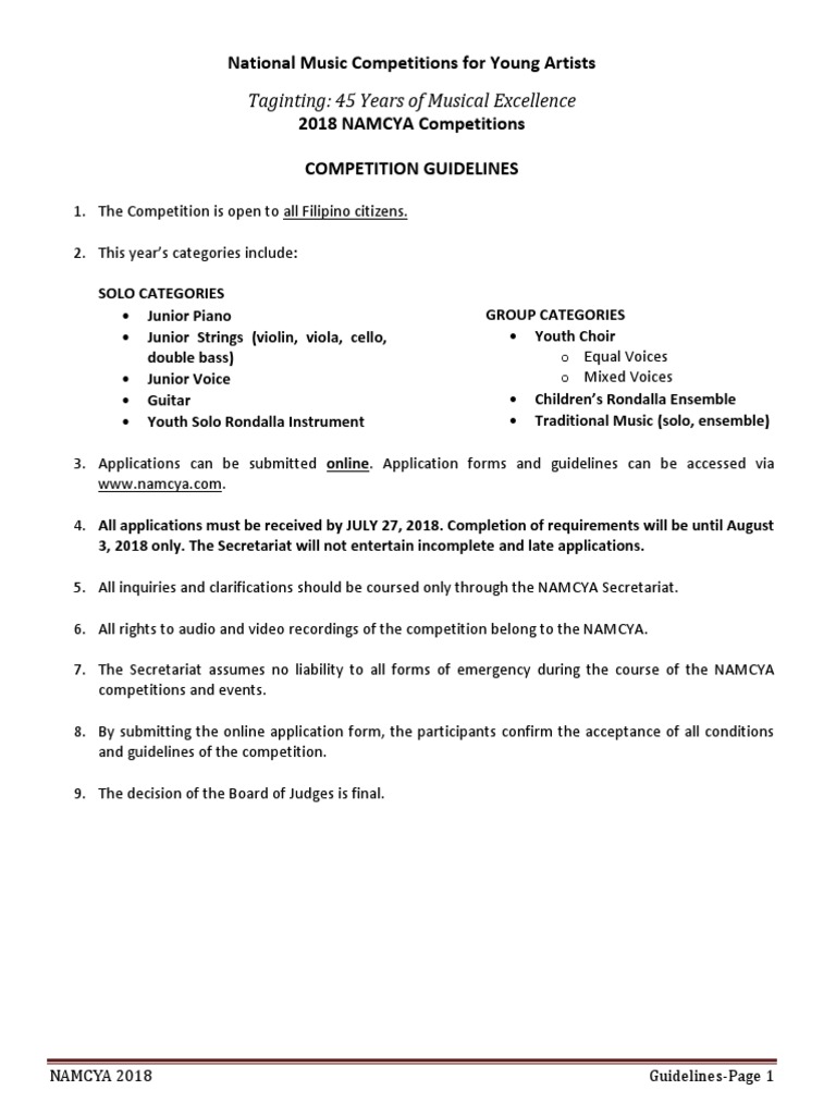 2018 NAMCYA General Guidelines | PDF | String Instruments | Sheet Music