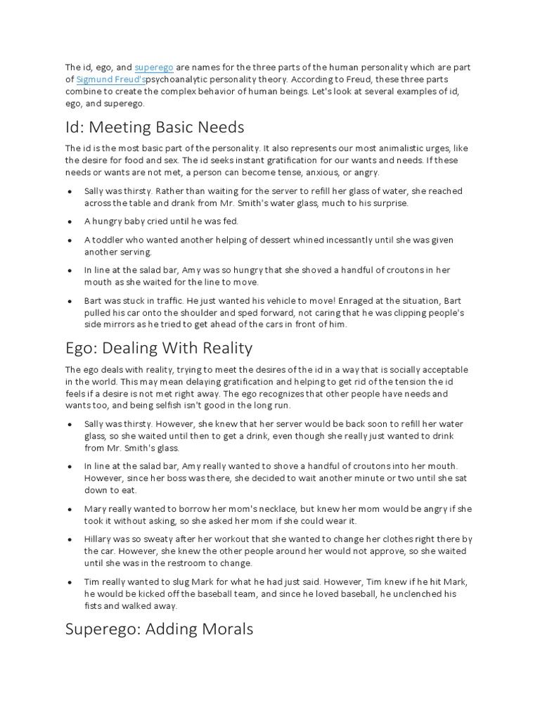 Id Ego Superego Examples | PDF | Id | Psychological Concepts