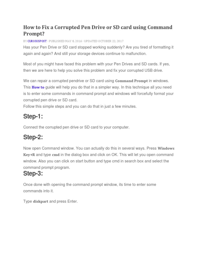 How To Fix A Corrupted Pen Drive or SD Card Using Command Prompt? | PDF ...