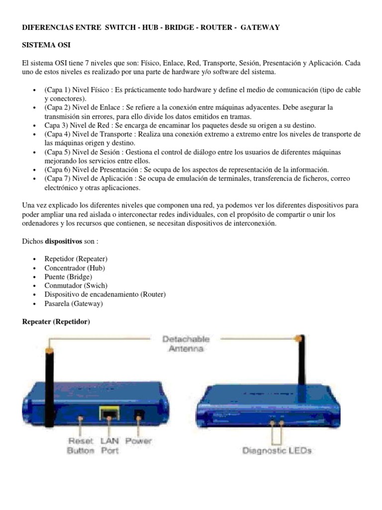 Diferencias entre switch, hub, bridge, router y gateway | PDF ...