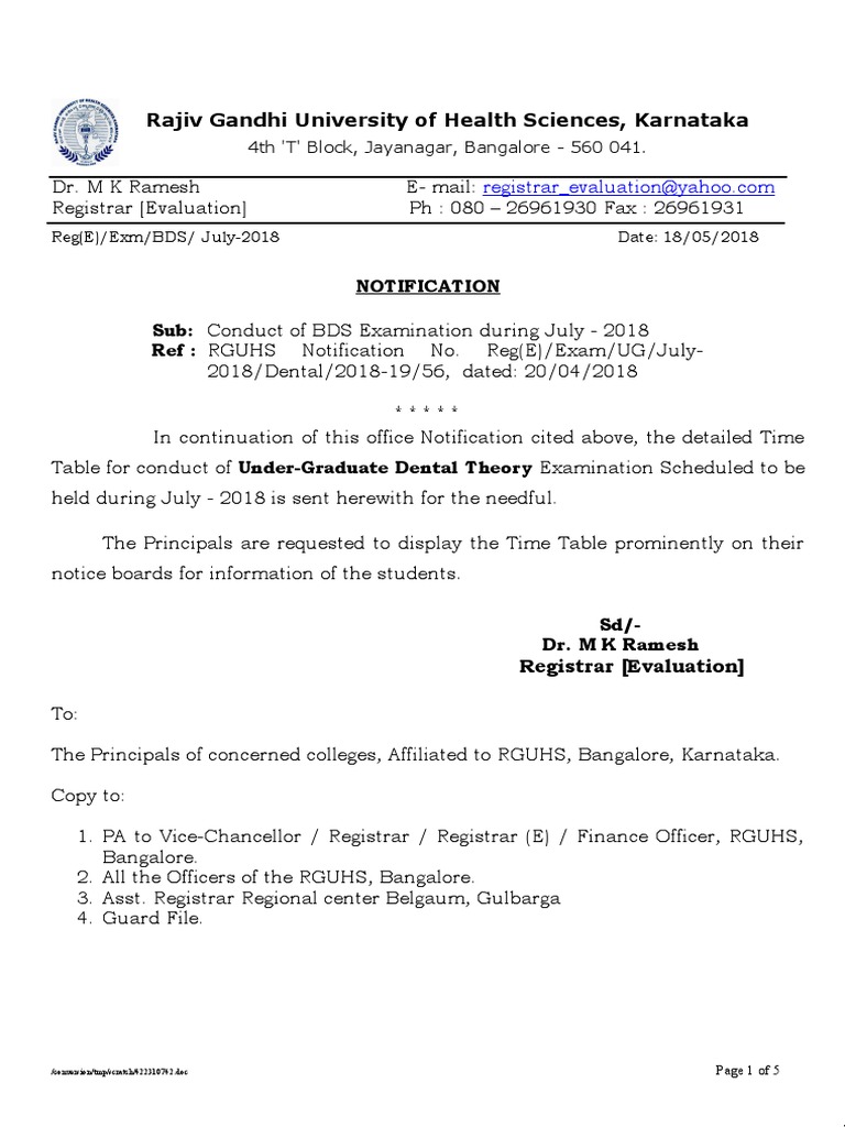 BDS Time Table Bds June JULY Examination - 2018 | PDF | Dental Degree ...