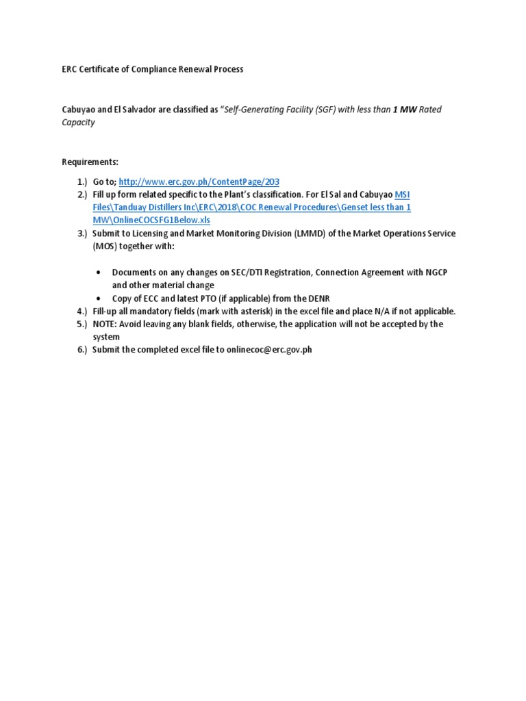 ERC Certificate of Compliance Renewal Process | PDF