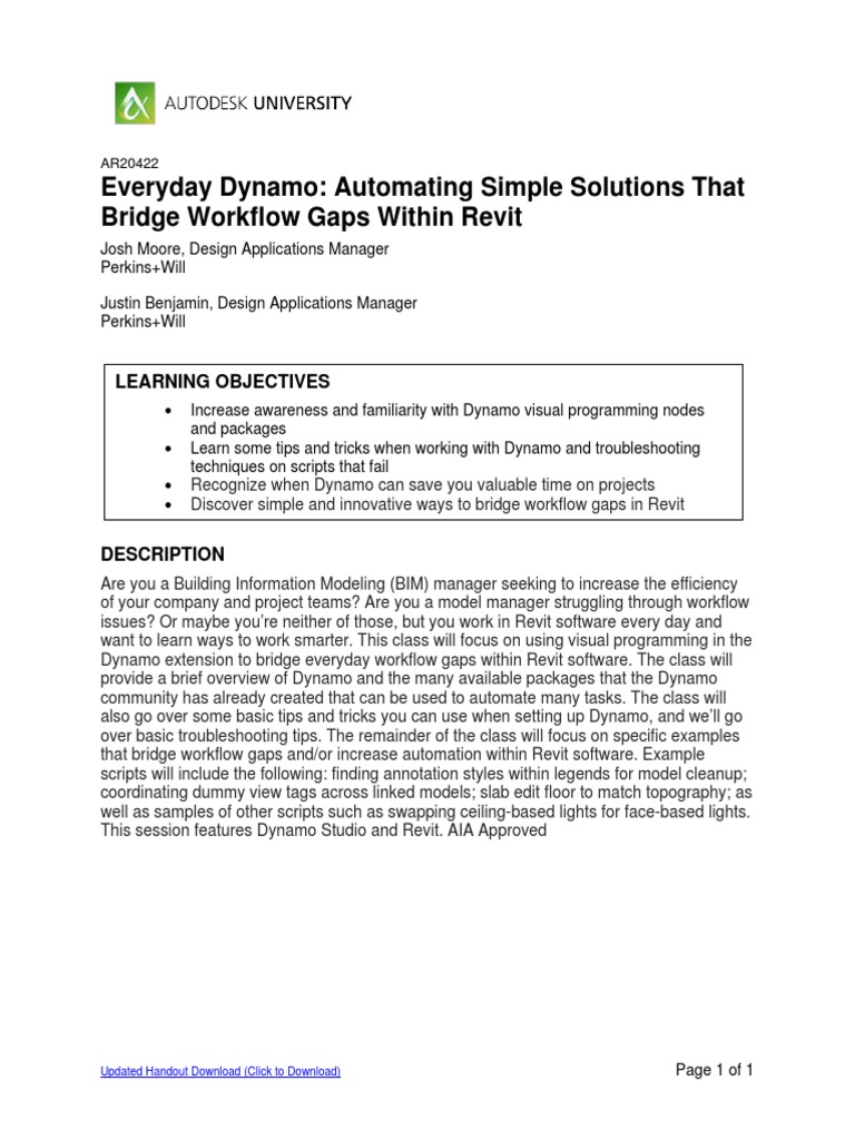 Dynamo Workflow Handout - 20422 - AR20422-Moore-AU2016 | PDF | Data ...