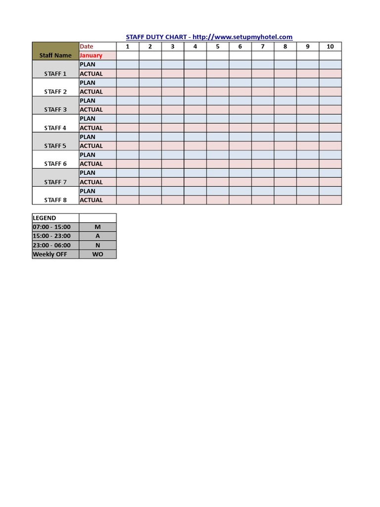 Hotel Staff Duty Roster Template - XLTX | PDF