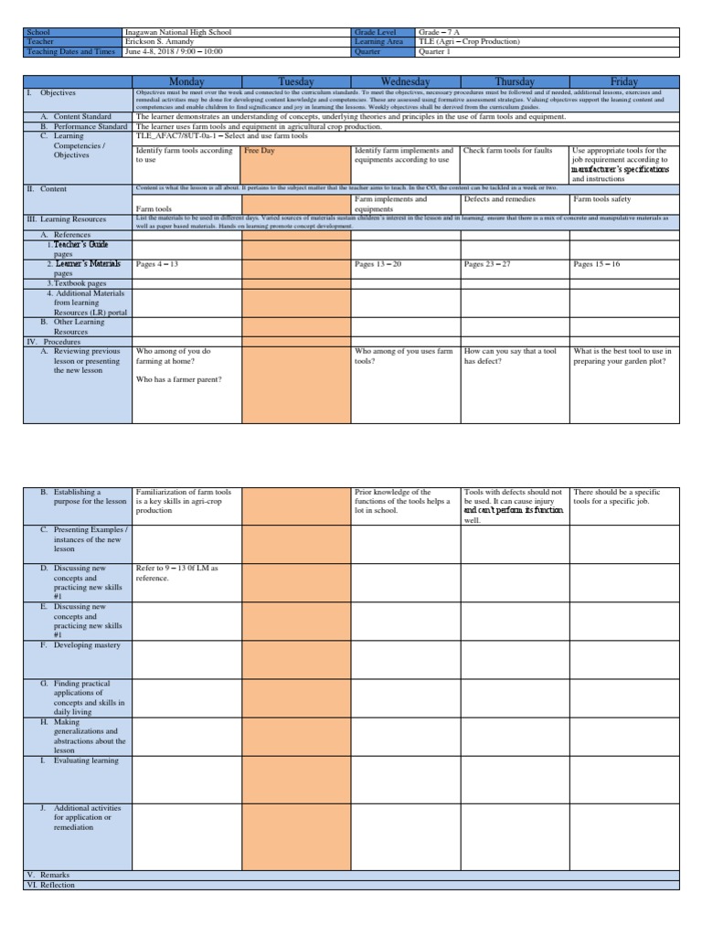 Week 1 DLL For Grade 7 TLE | PDF | Curriculum | Learning