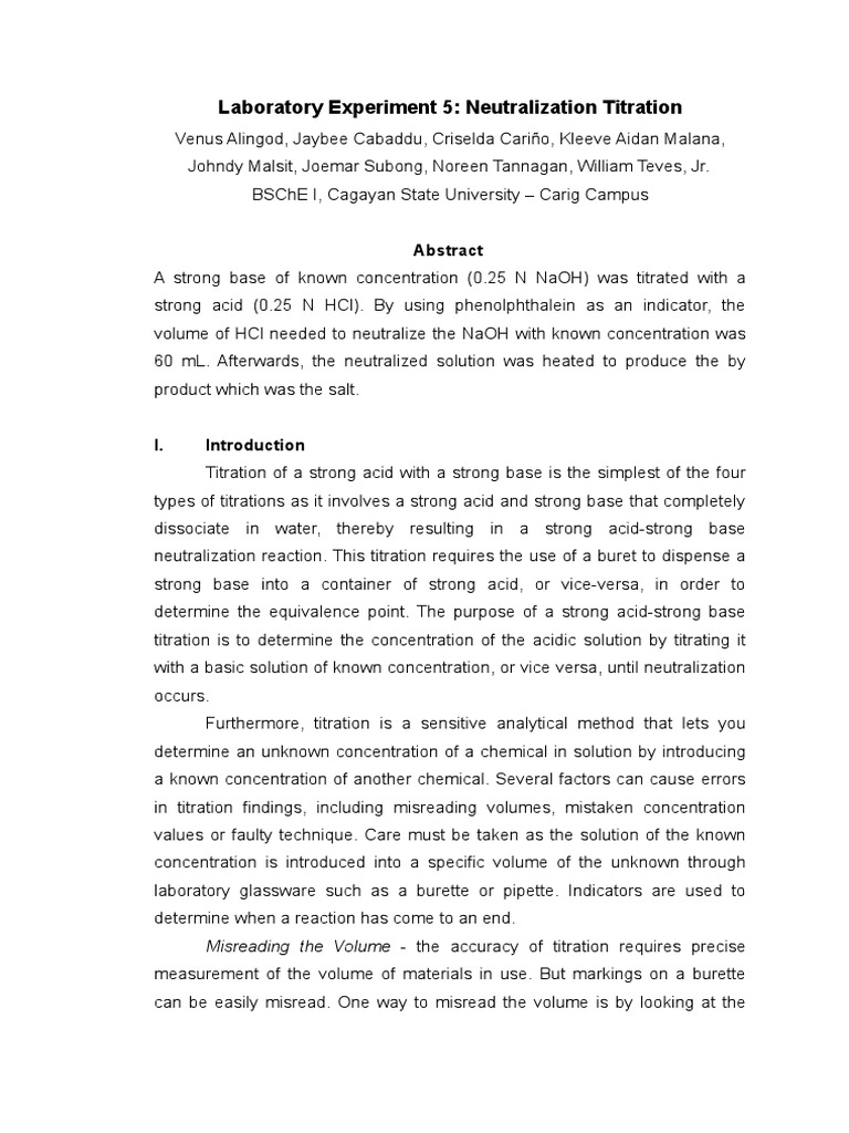 Neutralization Titration: Determining the Concentration of a Strong Base Through Titration with ...
