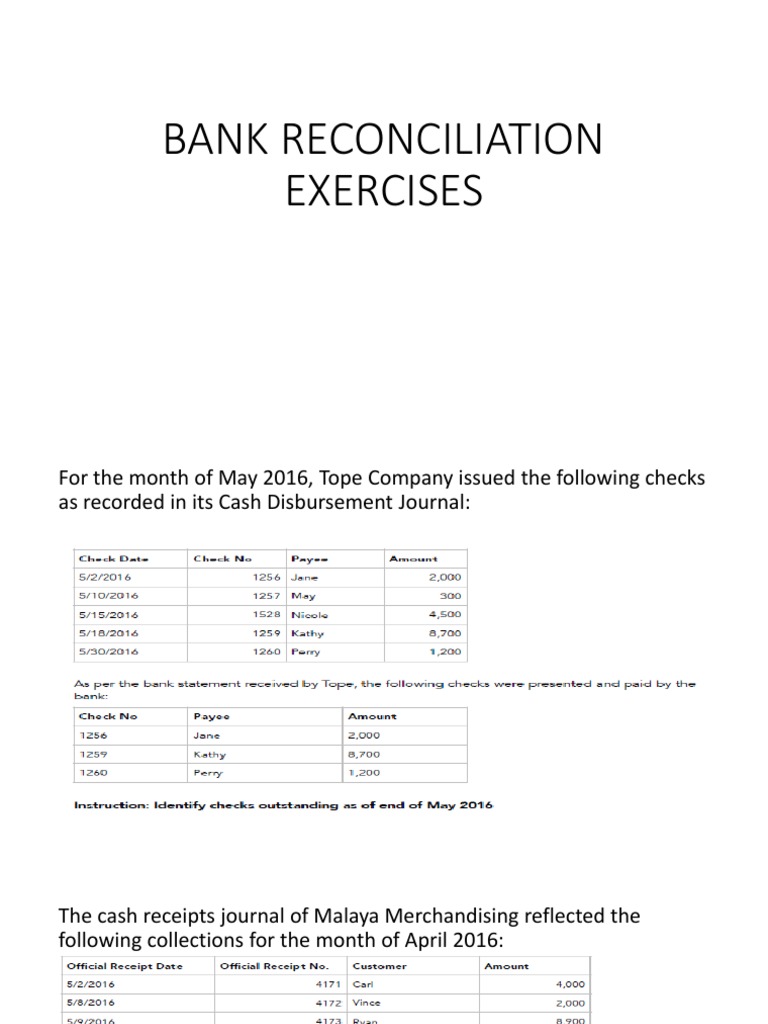 Bank Reconciliation Exercises | Deposit Account | Bookkeeping