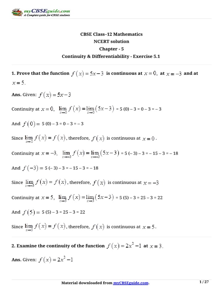CBSE Class-12 Mathematics NCERT Solution Chapter - 5 Continuity & Differentiability - Exercise 5 ...