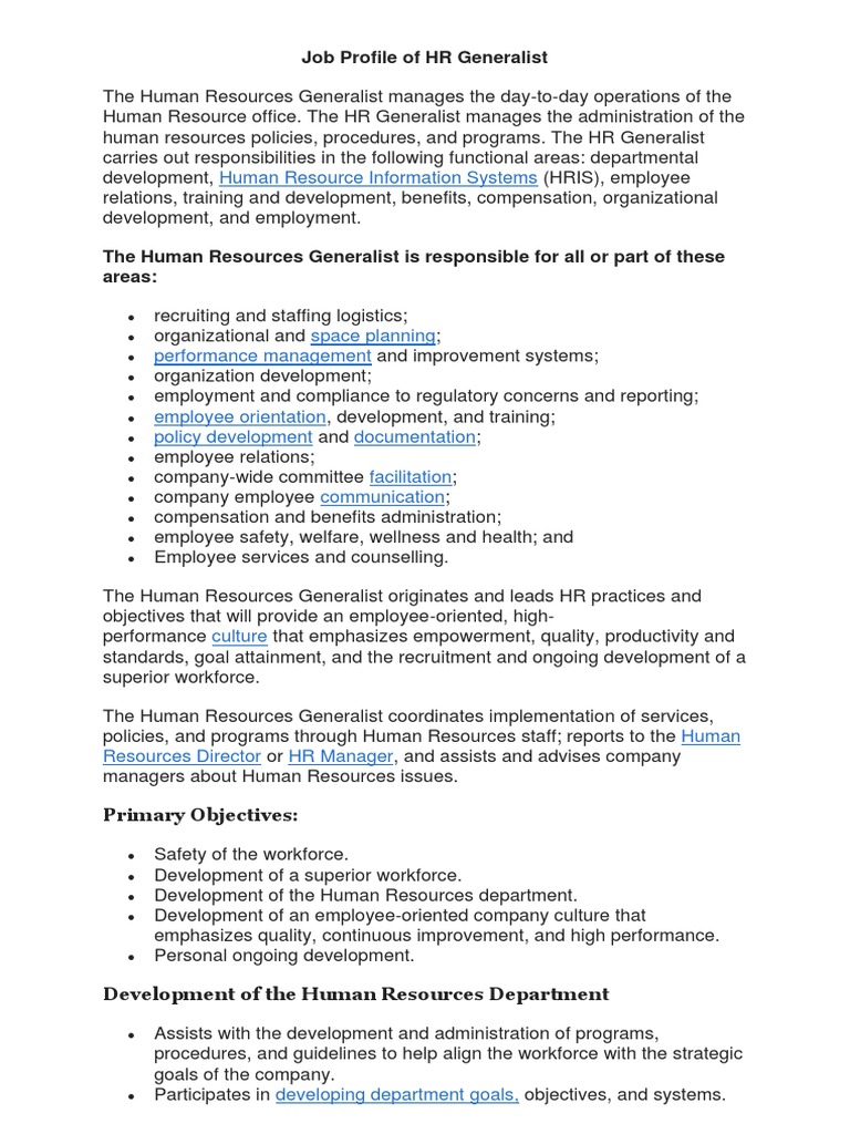Job Profile of HR Generalist | Download Free PDF | Human Resource ...