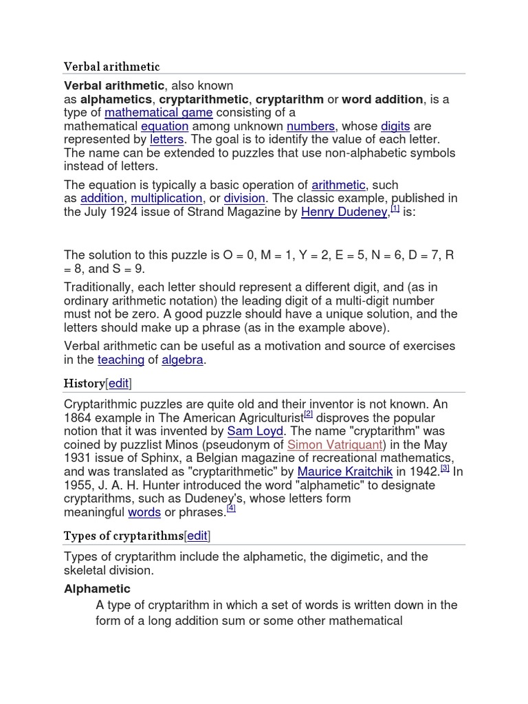 Mathematical Game Equation Numbers Digits Letters: Verbal Arithmetic ...