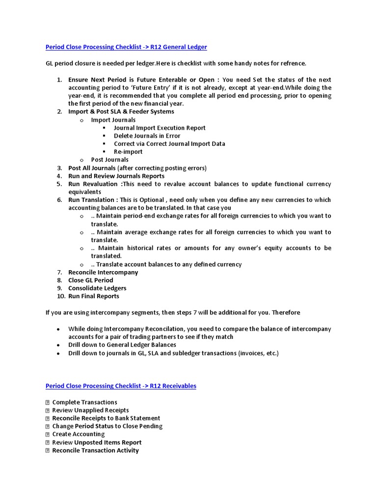 Period Close Processing Checklist - R12 General Ledger | PDF | Receipt ...
