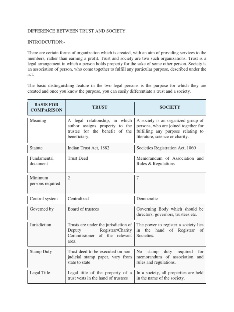 Difference Between Trust and Society | PDF | Trust Law | Trustee Difference Between Trust and Society | PDF | Trust Law | Trustee