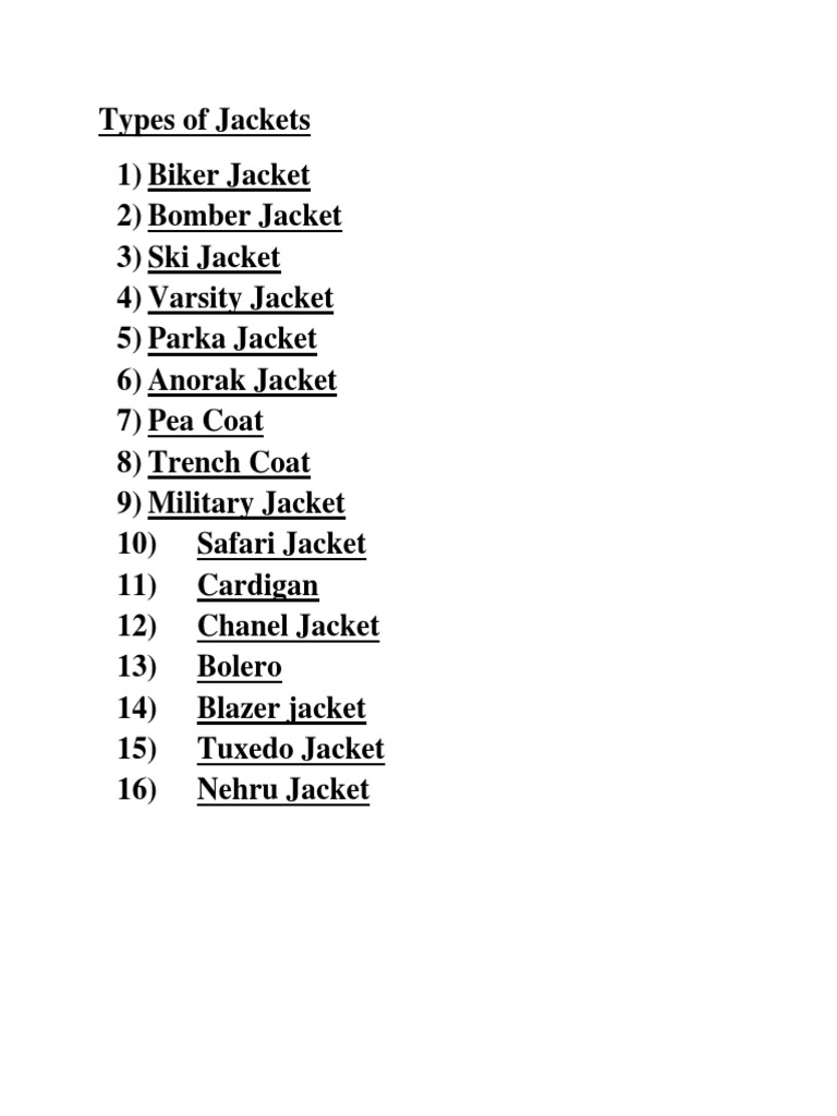 Types of Jackets - Docx Final | PDF | Coat (Clothing) | Suit (Clothing)