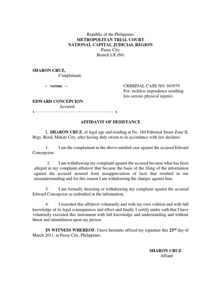 Affidavit of Desistance | PDF | Affidavit | Government Information