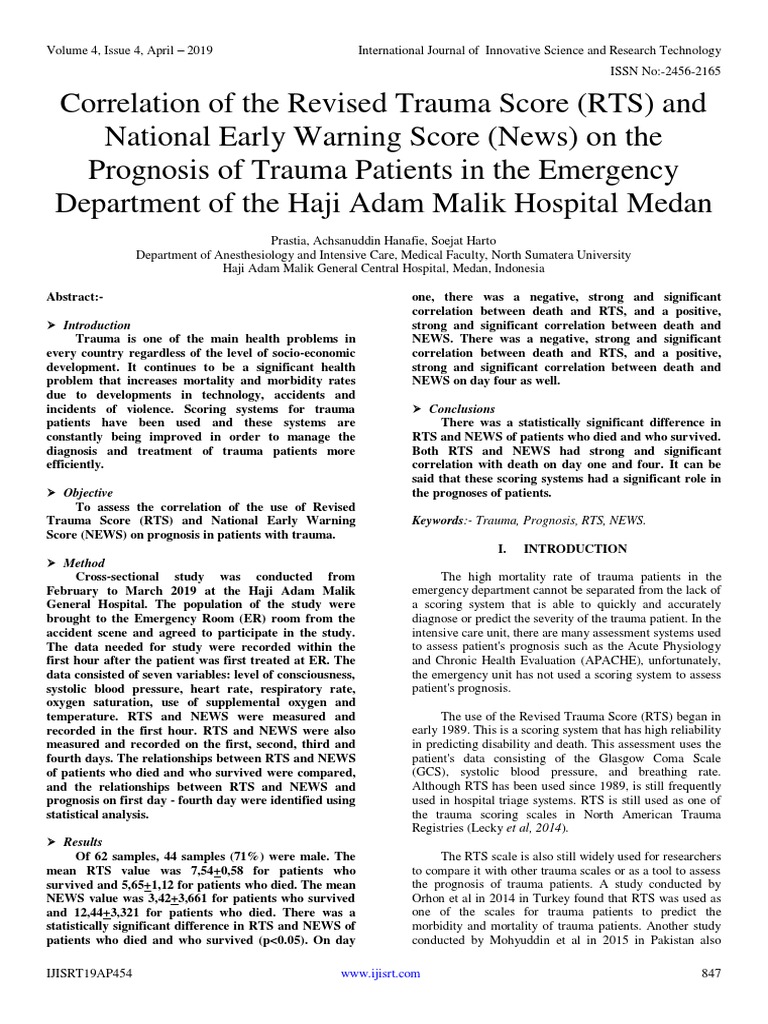 Correlation of The Revised Trauma Score (RTS) and National Early ...