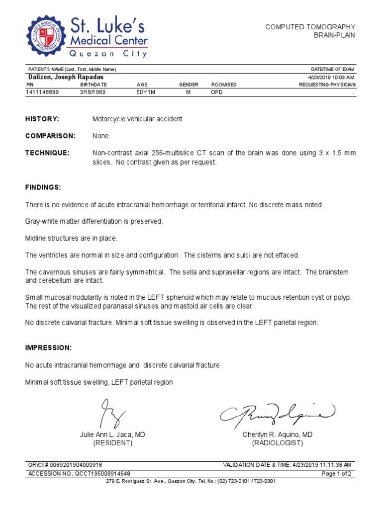 CT Scan Result Sample Template | PDF | Radiology | Ct Scan
