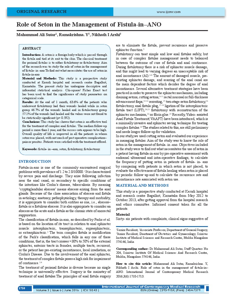 Role of Seton in The Management of Fistula-in-ANO: Original Research ...