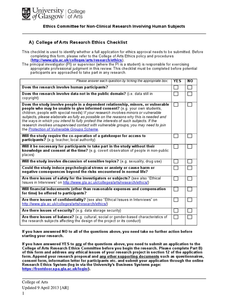 A) College of Arts Research Ethics Checklist: Ethics Committee For Non ...
