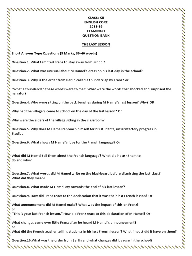Class: Xii English Core 2018-19 Flamingo Question Bank The Last Lesson ...