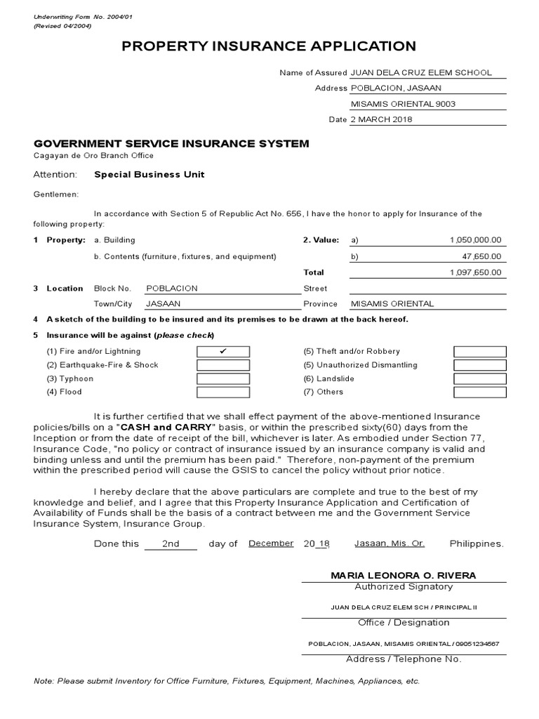 GSIS TEMPLATE Fire Insurance Application Form - Sample For Dep Ed | PDF ...