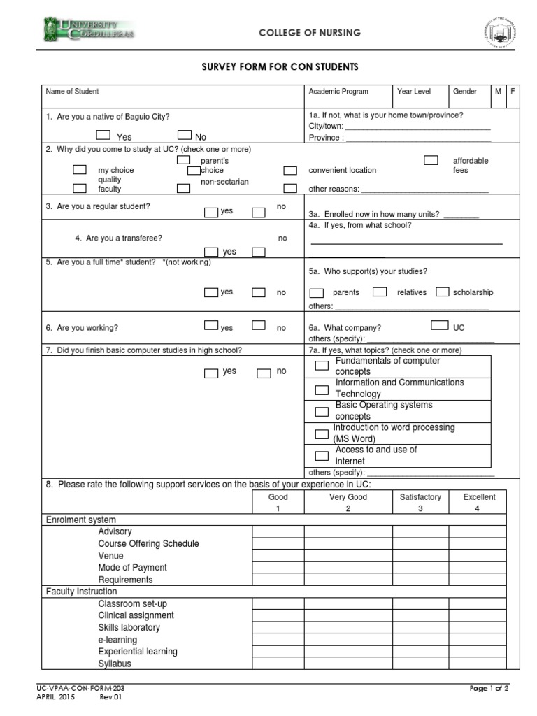 UC Nursing Student Survey Form | PDF | Educational Technology | Learning