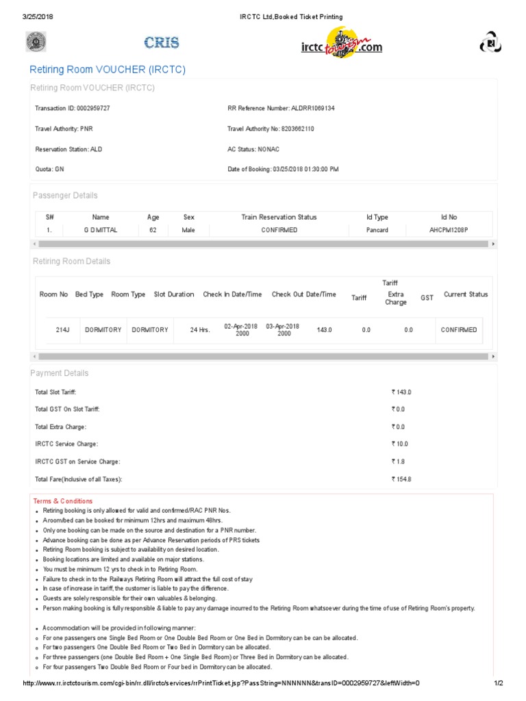 IRCTC Retiring Room Booking Details | PDF | Payments | Services (Economics)