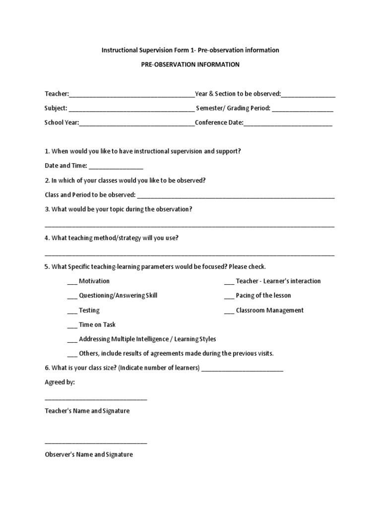 Pre-Observation Instructional Supervision Form | PDF