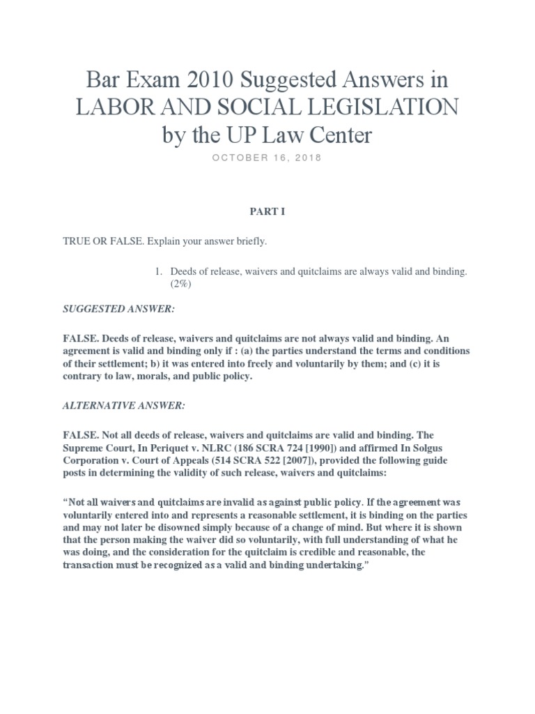 Bar Exam 2010 Suggested Answers in Labor and Social Legislation by The ...
