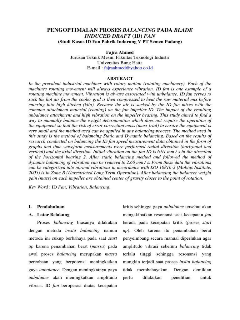 Pengoptimalan Proses Balancing Pada Blade: Induced Draft (Id) Fan | PDF ...