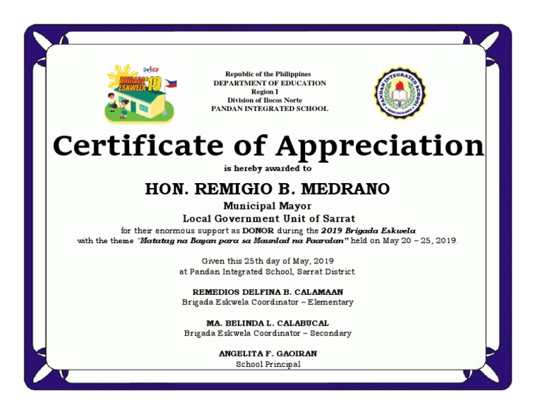 2019 Brigada Eskwela Sample Certificate For Donor | PDF