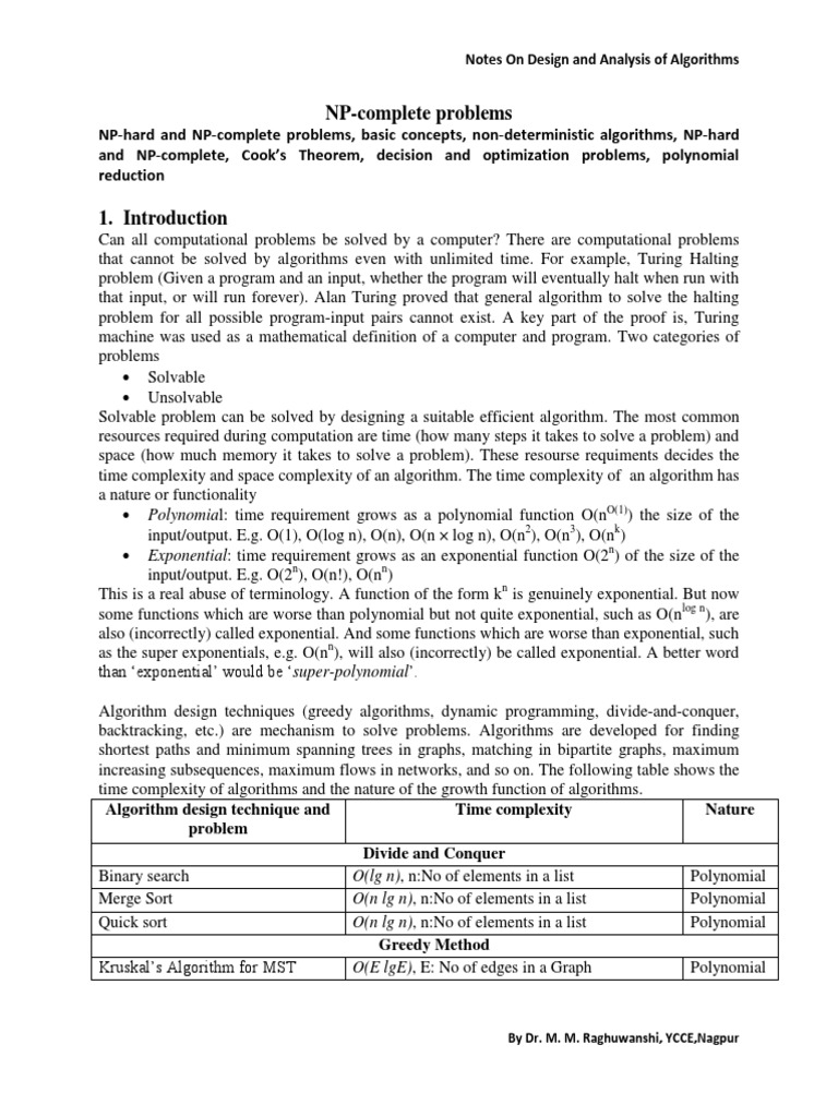 NP-complete Problems: Notes On Design and Analysis of Algorithms | PDF ...