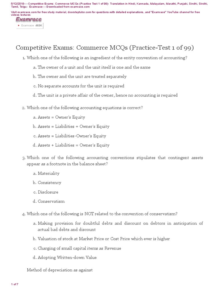 Commerce MCQs Practice Test 1 | PDF | Equity (Finance) | Multiple Choice
