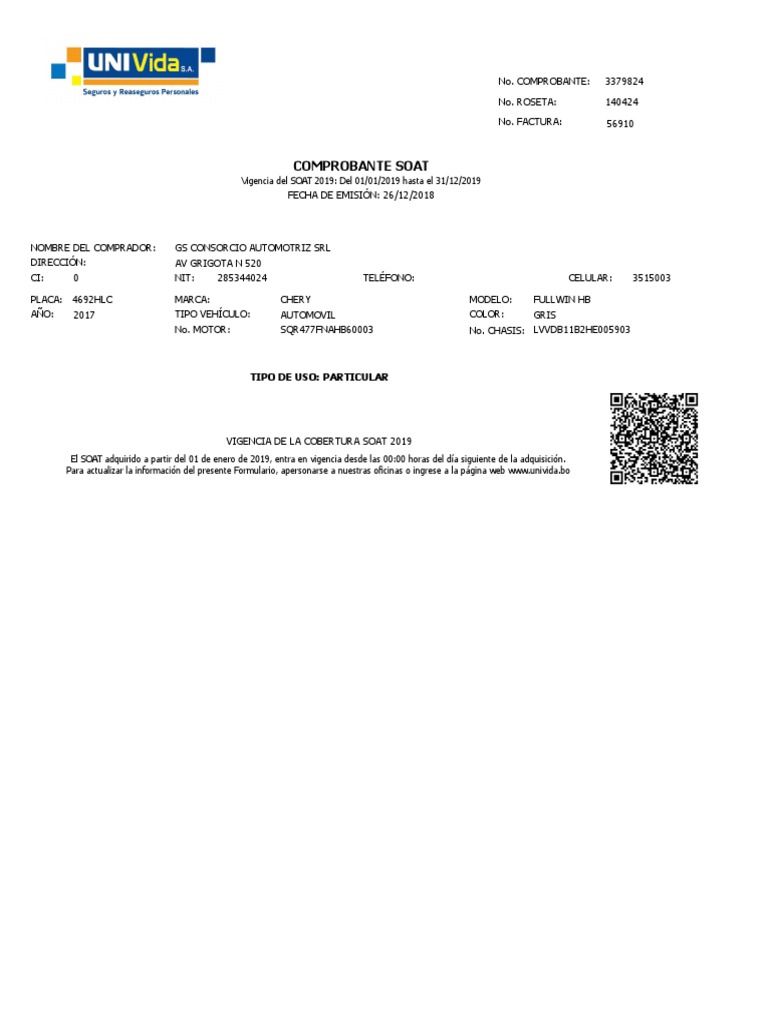 Comprobante Soat: Tipo de Uso: Particular | PDF