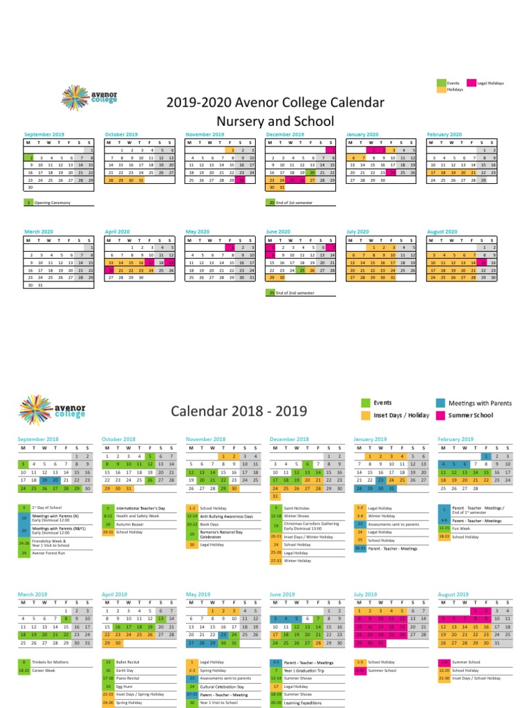 Avenor College Events Calendar 2019-2020 | PDF | Middle Schools | Holidays
