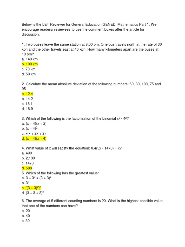 LET Reviewer for General Education GENED: Mathematics Parts 1 and 2 ...