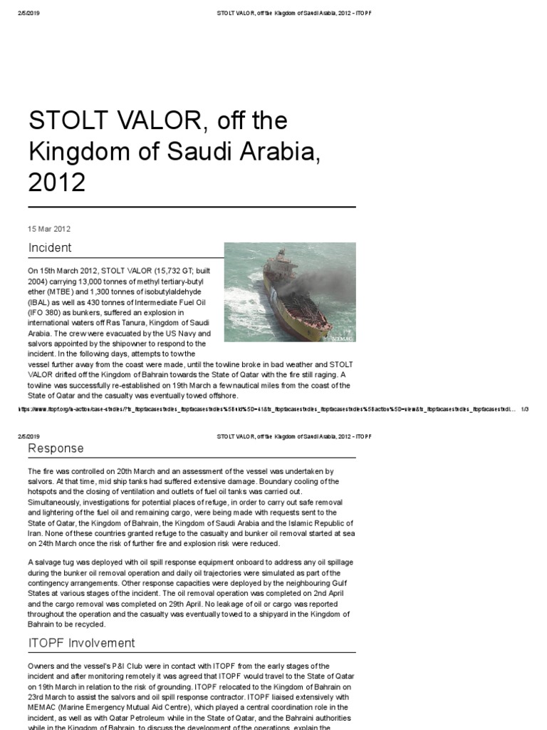 STOLT VALOR, Off The Kingdom of Saudi Arabia, 2012 - ITOPF | PDF | Marine Salvage | Bahrain