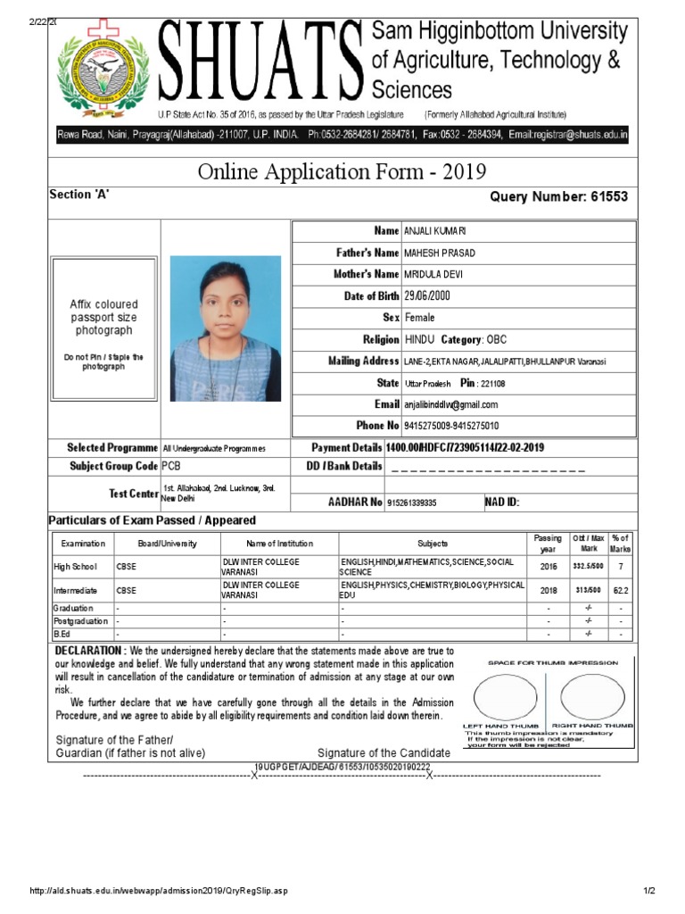 SHUATS Online Application Form | PDF | Payments | Postgraduate Education