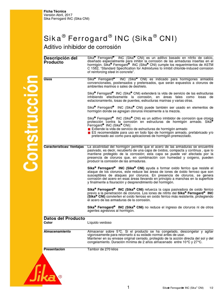SikaFerrogard INC (Sika CNI) | PDF | Corrosión | Hormigón