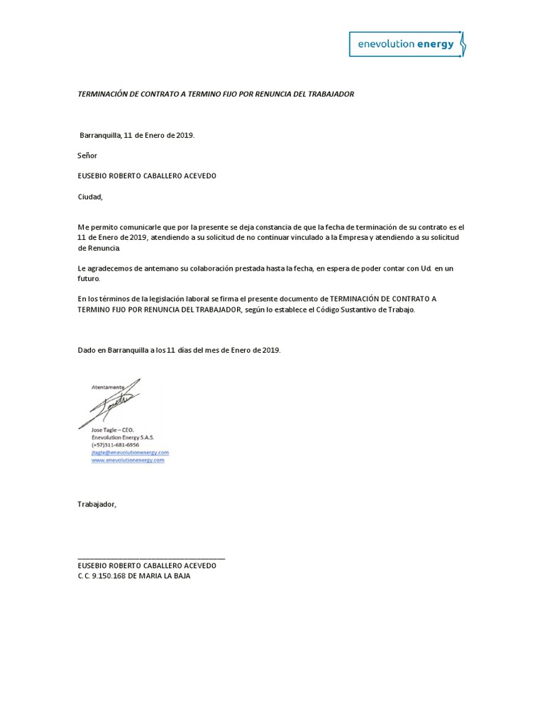 Modelos de Terminación y Prorroga de Contrato A Termino Fijo | PDF