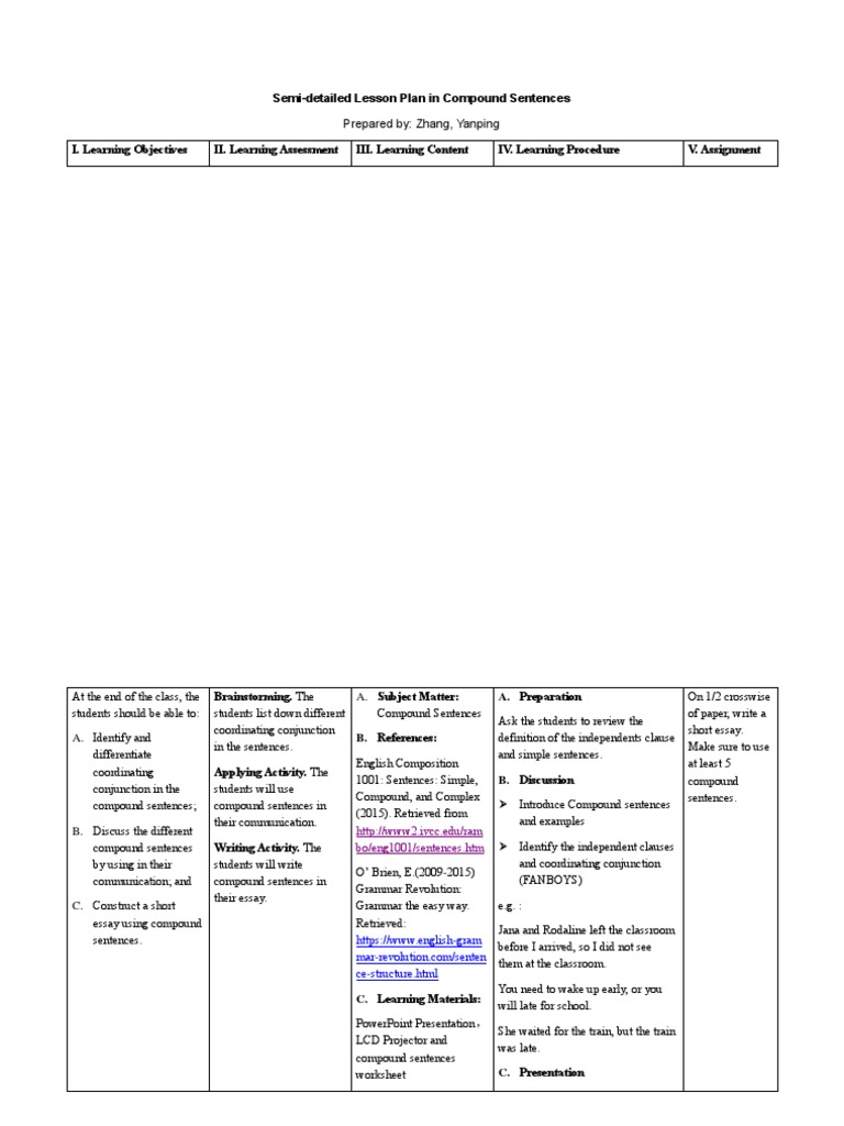 Semi Detailed Lesson Plan in Compound Sentences | PDF | Sentence ...