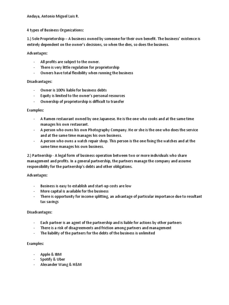 4 Types of Business Organizations | Download Free PDF | Partnership ...