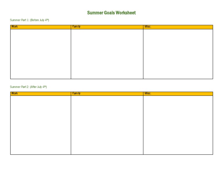 Summer Goals Worksheet: Work Family Misc | PDF
