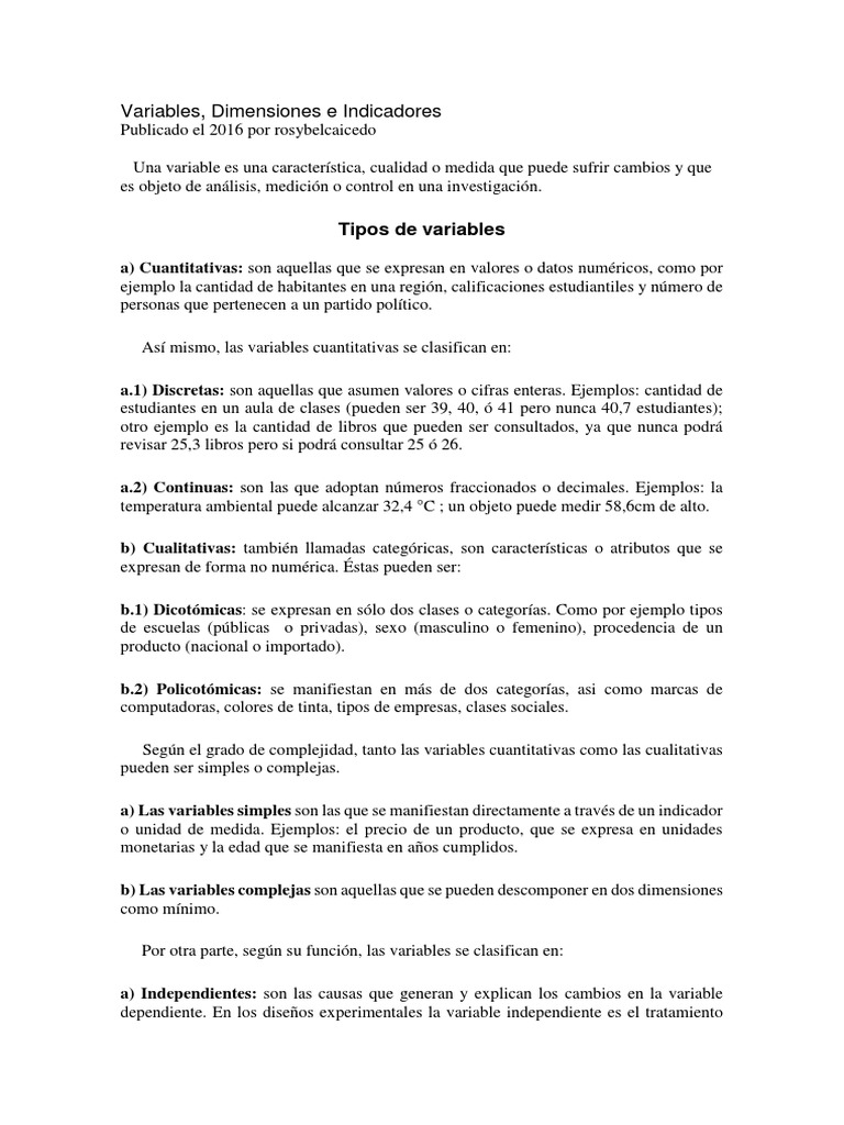 Variables, Dimensiones e Indicadores | PDF | Science | Enseñanza de matemática