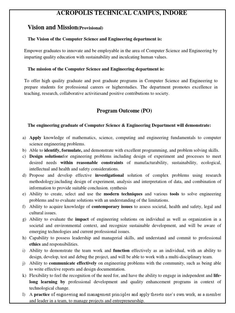 Acropolis Technical Campus, Indore Vision and Mission: Program Outcome (PO) | Download Free PDF ...