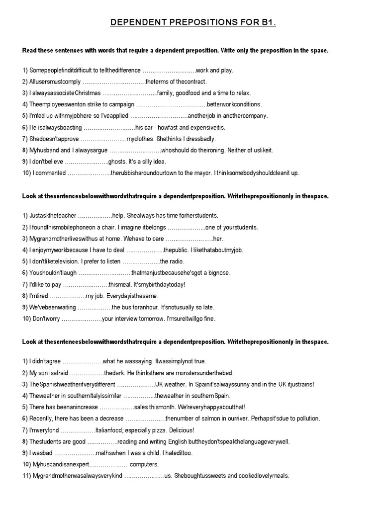 Dependent Prepositions For B1 | PDF | Cognitive Science | Linguistics