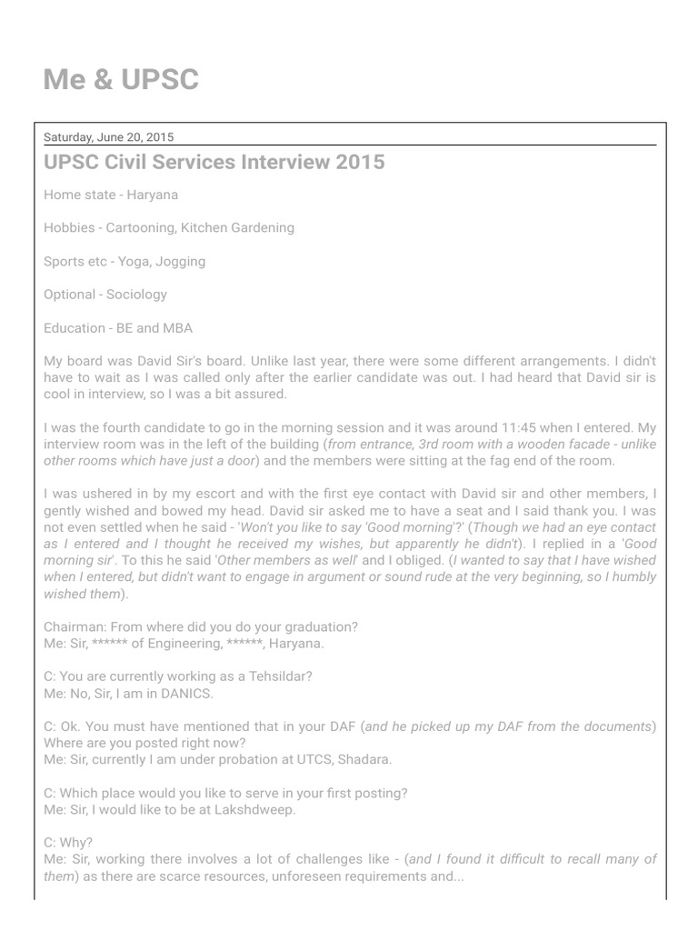 Me & UPSC - UPSC Civil Services Interview 2015 | PDF | Government ...