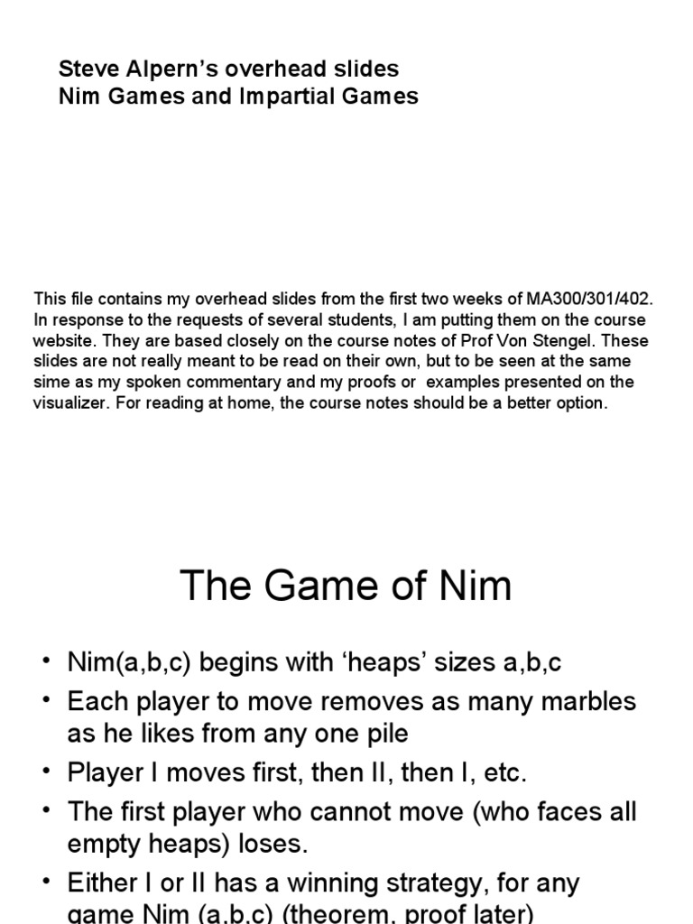Steve Alpern's Overhead Slides Nim Games and Impartial Games | PDF ...