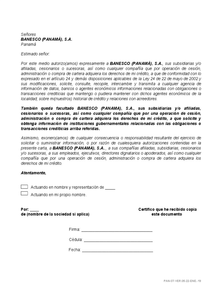 Carta de Autorización APC | Panamá | Bancos