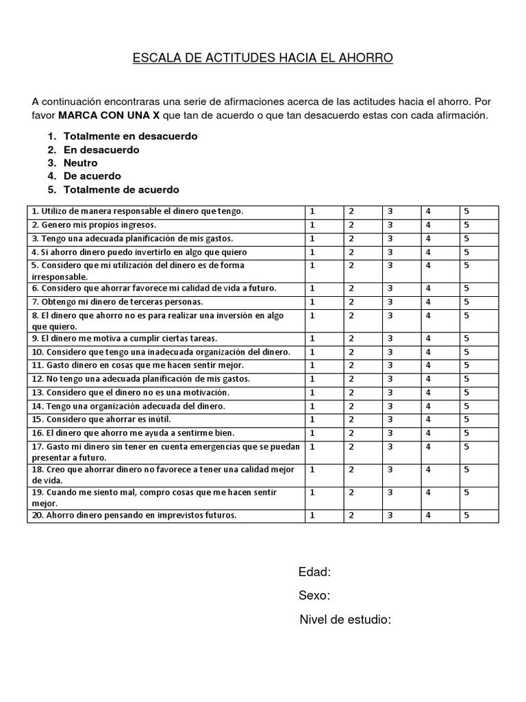 Escala de Actitudes Hacia El Ahorro | PDF | Ahorro | Business Escala de Actitudes Hacia El Ahorro | PDF | Ahorro | Business